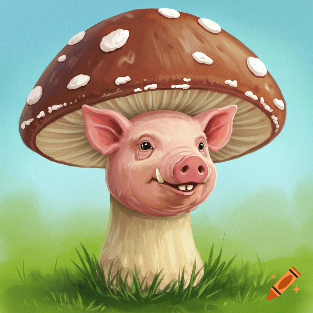 A whimsical illustration of a pig's head on a mushroom stem in a grassy ...