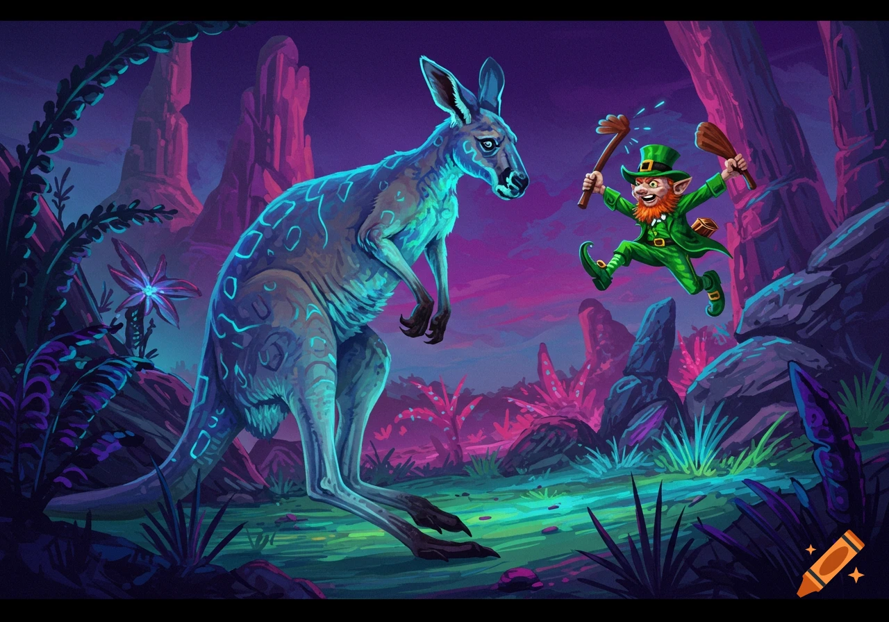 An alien kangaroo faces off against a leaping leprechaun in a stylized ...