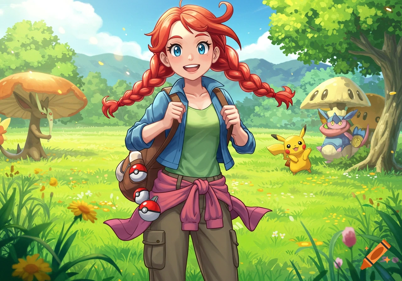 Red-haired trainer in a grassy field with Pokemon like Pikachu in a ...