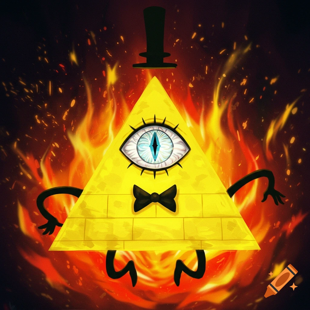 A yellow triangle character resembling Bill Cipher stands in flames. on ...