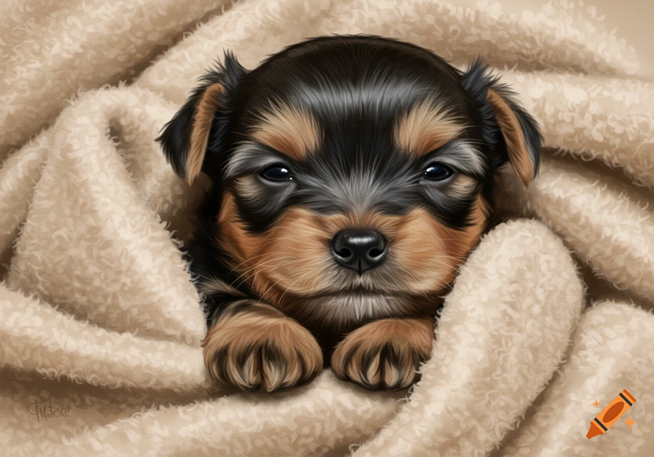 Digital painting of a cute yorkie puppy wrapped in a cream-colored ...