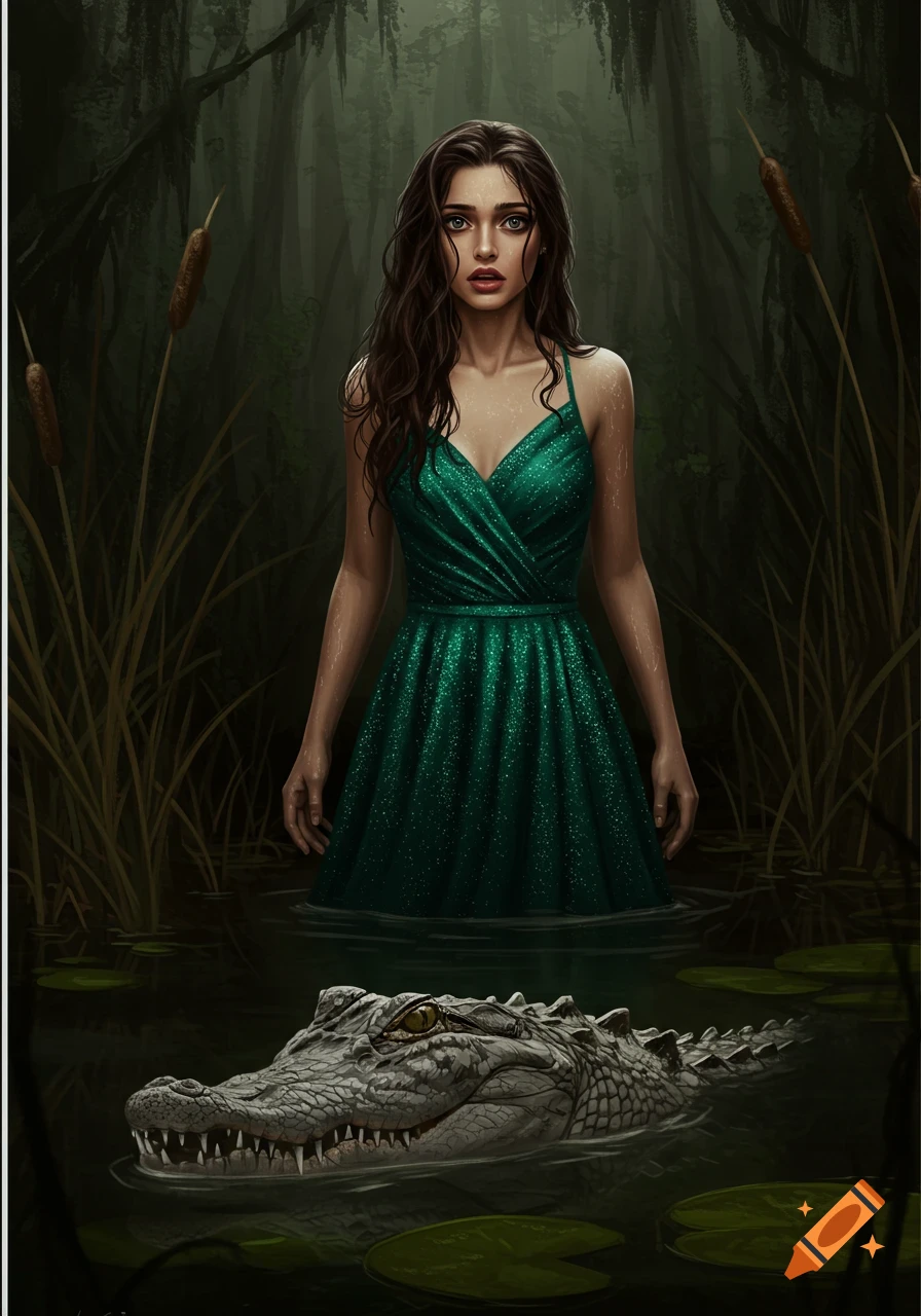 Digital art of a woman in a green dress in a swamp, with an alligator ...