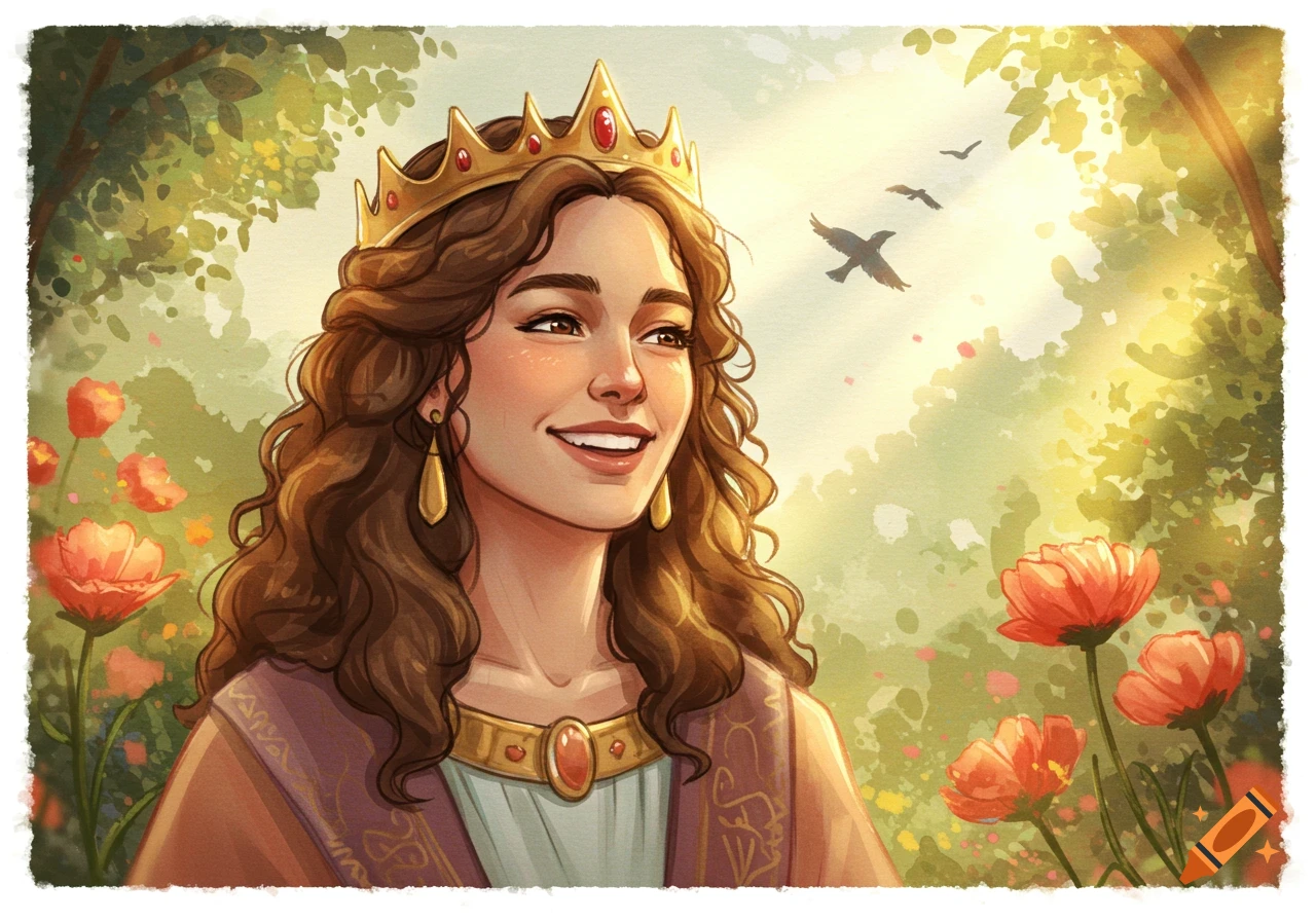 Watercolor illustration of Queen Esther smiling in a sunny garden with ...