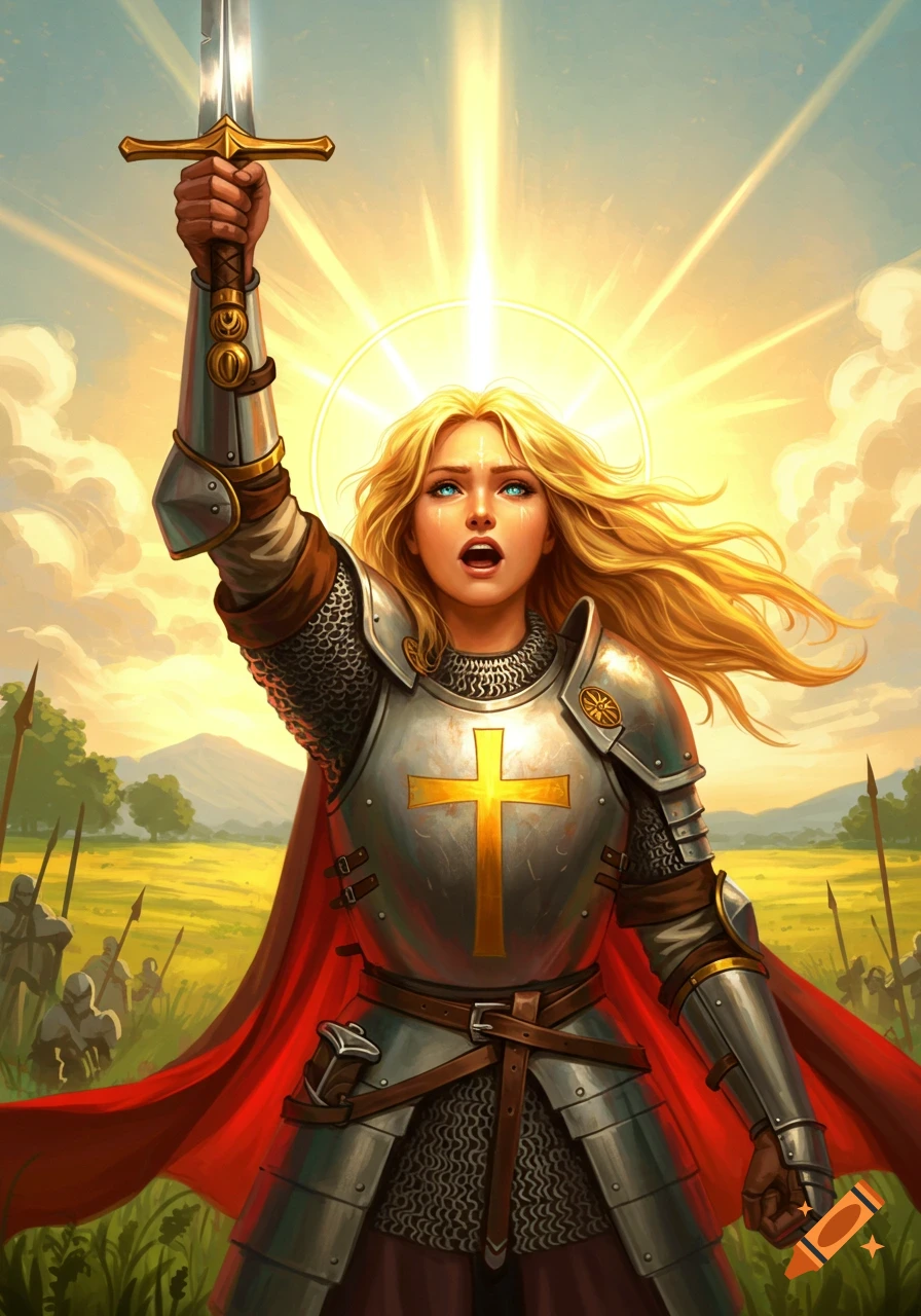 Young woman warrior in armor lifting a sword to the sky, light shining ...