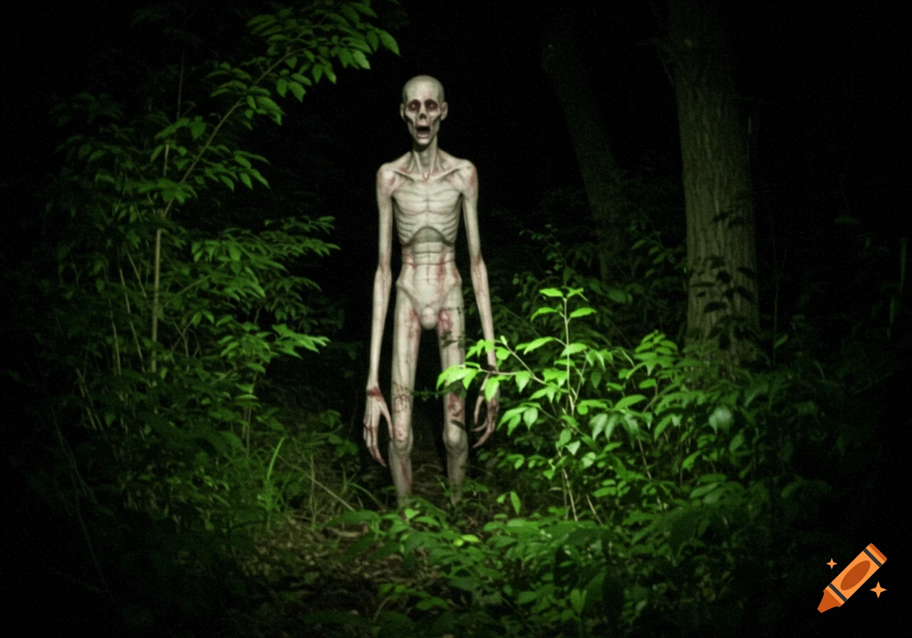 A tall, skeletal creature stands in a dark forest clearing at night. on Craiyon