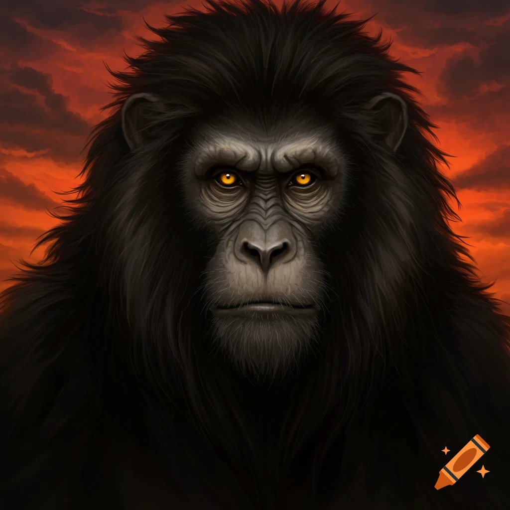 Close-up portrait of a dark ape-like creature with glowing eyes against ...