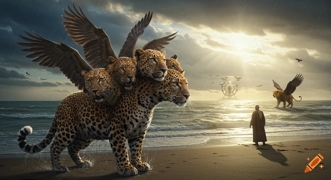 Multi-headed winged leopard on a beach with a person, winged lion ...