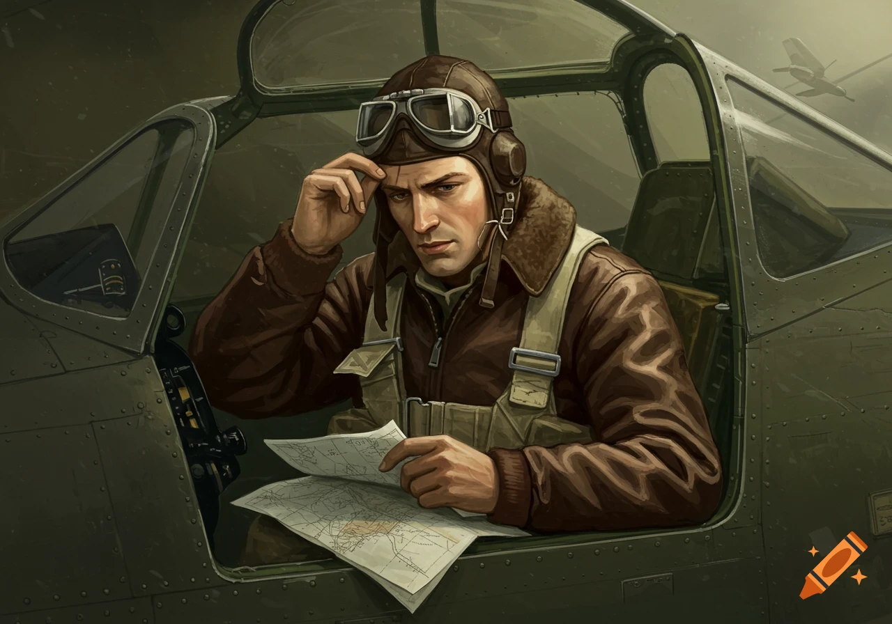 Digital painting of a WW2 pilot in a cockpit, holding a map and looking ...