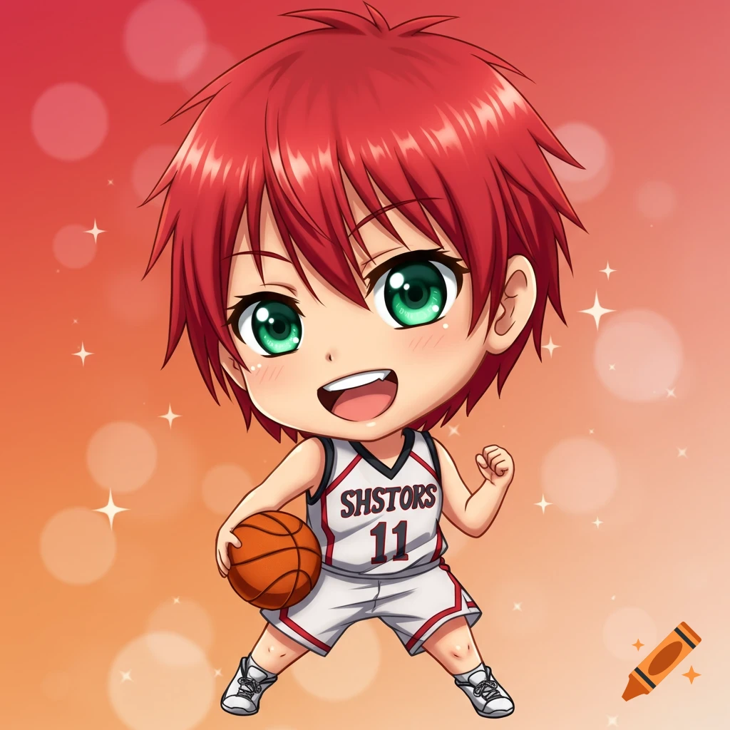 Chibi anime character with red hair in a basketball uniform holding a ...
