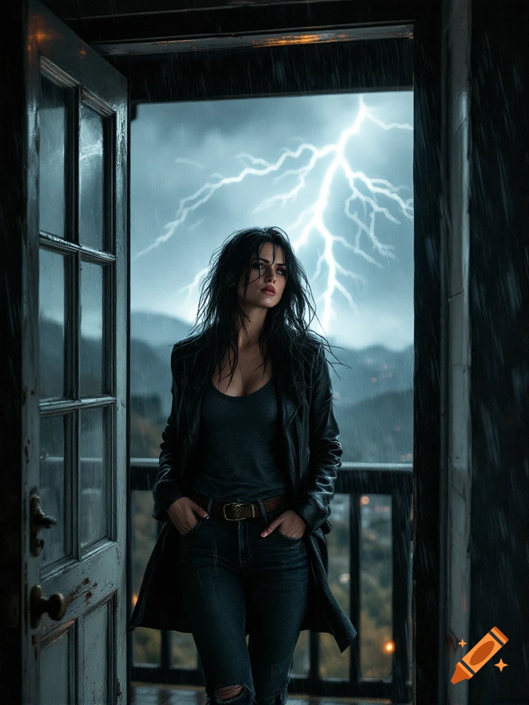 A woman stands in a doorway watching a lightning storm. She wears a ...