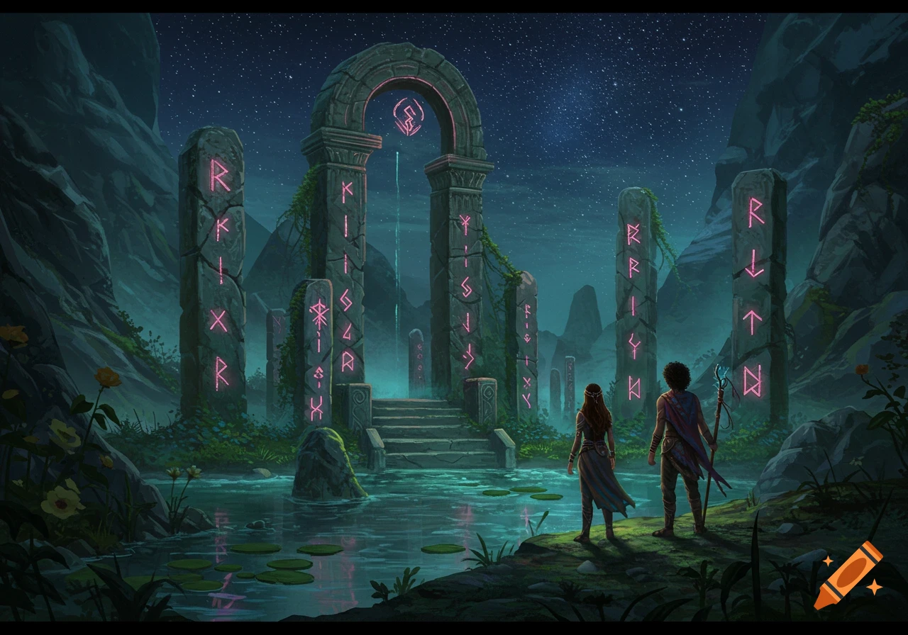 Two figures stand by a lake, looking at ancient ruins with glowing pink ...