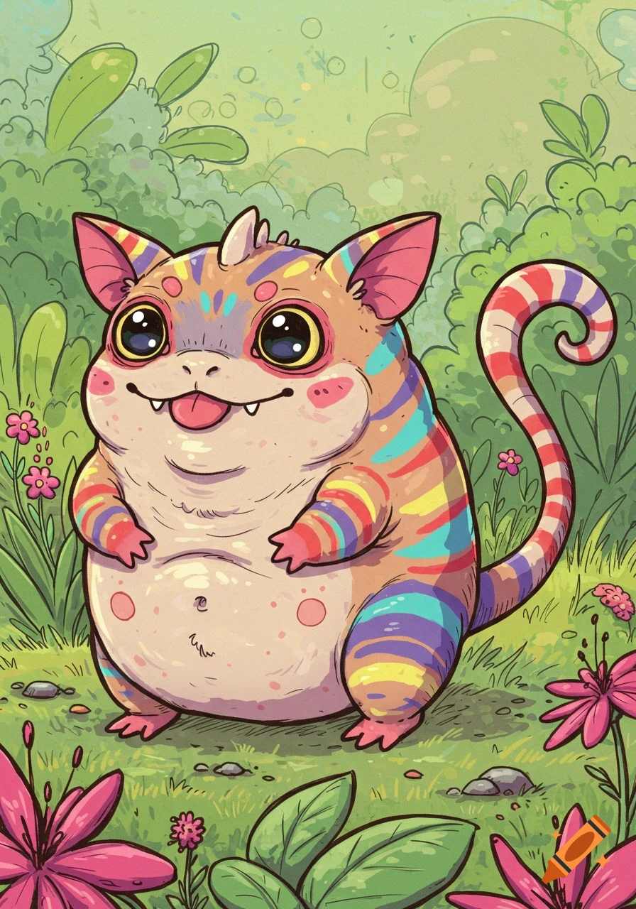 A colorful, cartoony fantasy creature in a jungle setting. on Craiyon