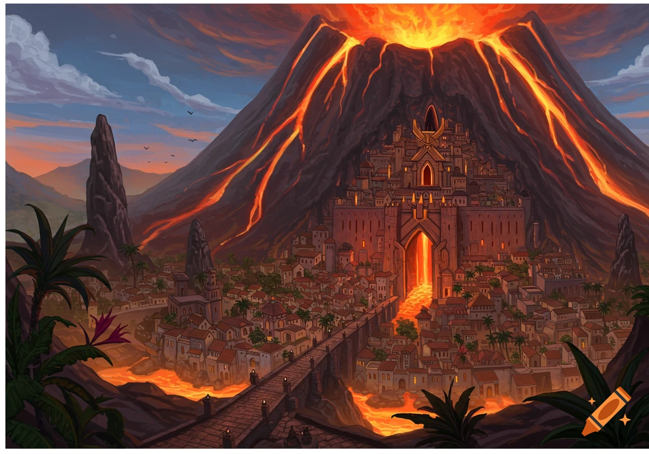 A fantasy city built below a large volcano with lava flowing down its ...