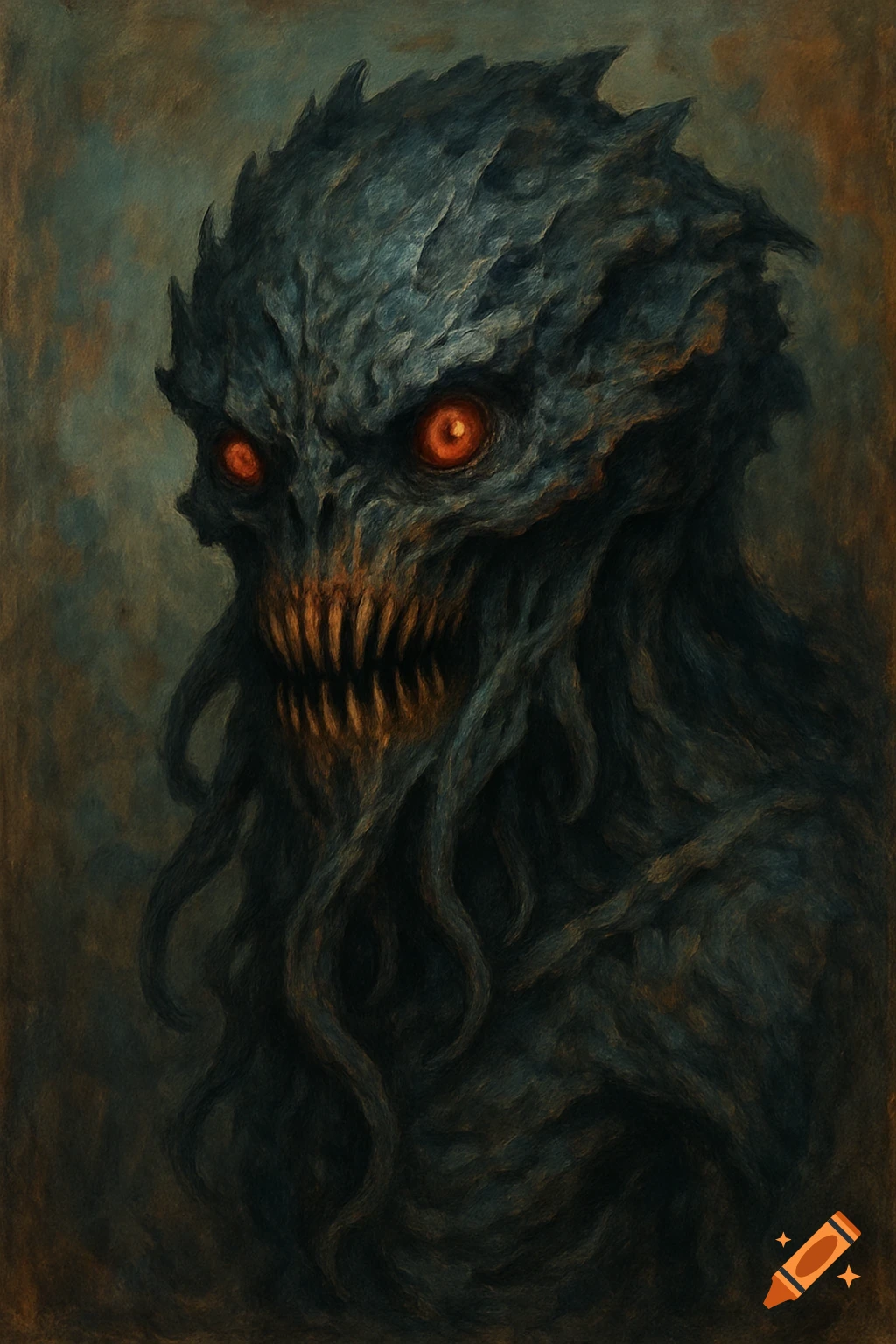 Dark portrait of a monstrous creature with glowing red eyes, sharp teeth, and tentacles. on Craiyon