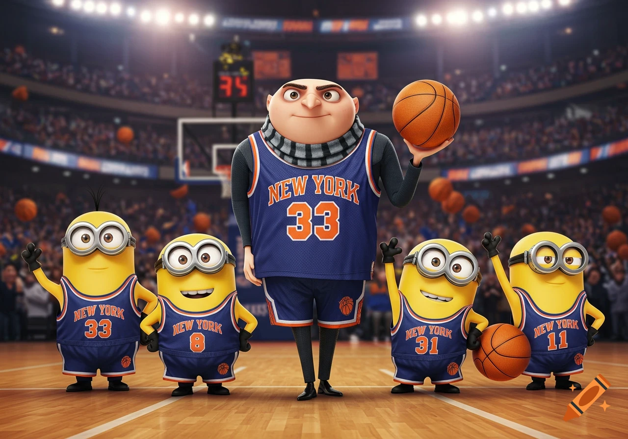 Gru and minions in New York basketball jerseys on a court. on Craiyon