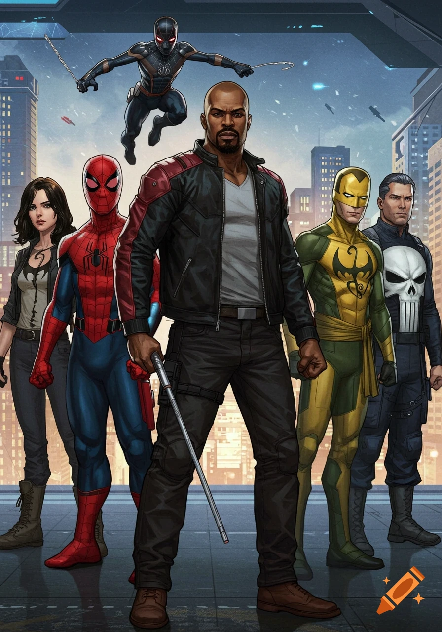 Comic art of Marvel heroes Spider-Man, Miles Morales, Luke Cage ...