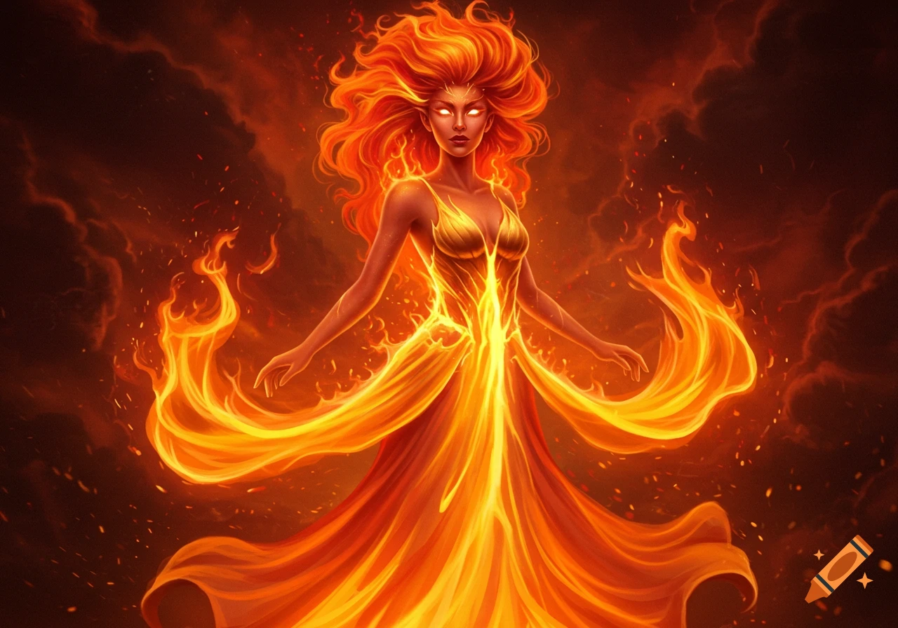 A woman figure made of fire stands with arms outstretched, wearing a ...