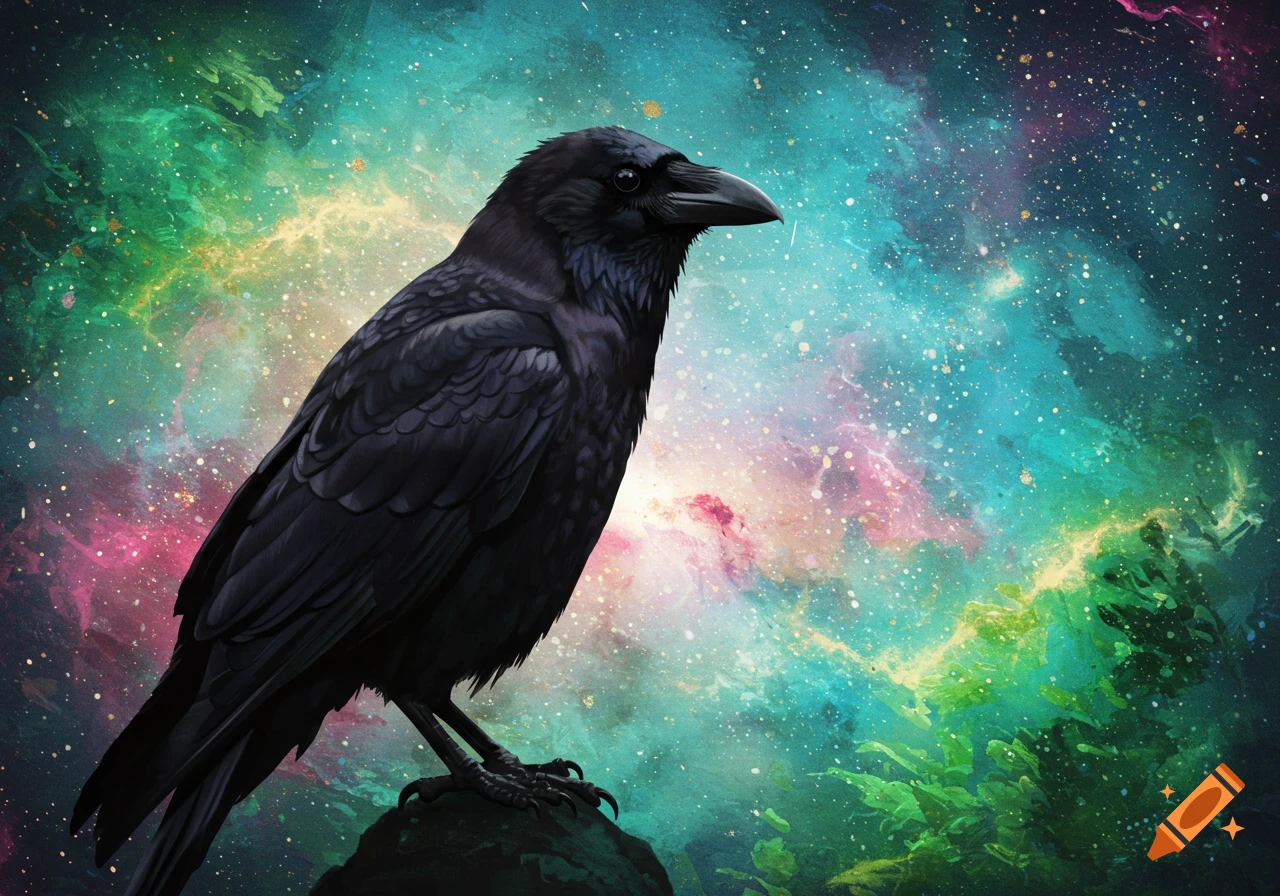 Black crow against a vibrant, abstract space and nature background. on ...