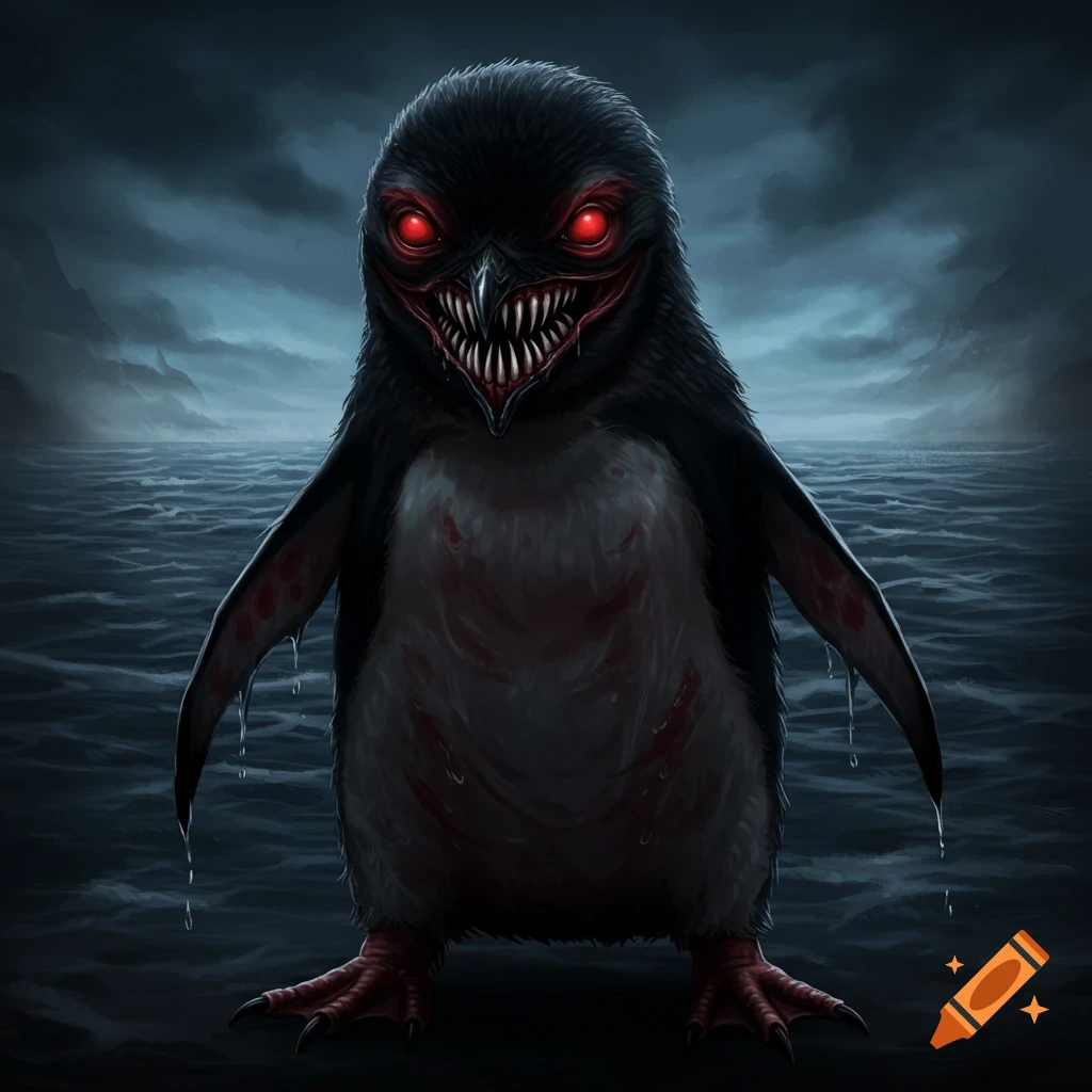 A creepy black penguin monster with sharp teeth and red eyes stands in dark water under a stormy ...