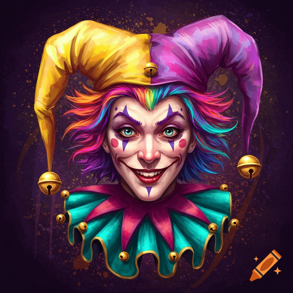 A colorful digital painting of a jester's head with bright hair, makeup ...