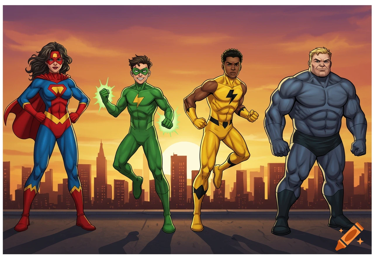 Four diverse superheroes stand on a rooftop overlooking a city at ...