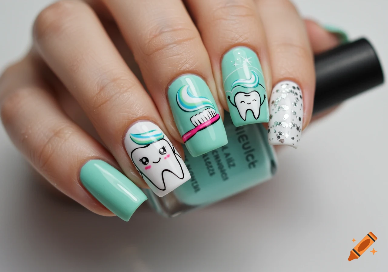 Close-up of hand with mint green and white nail art featuring cartoon ...