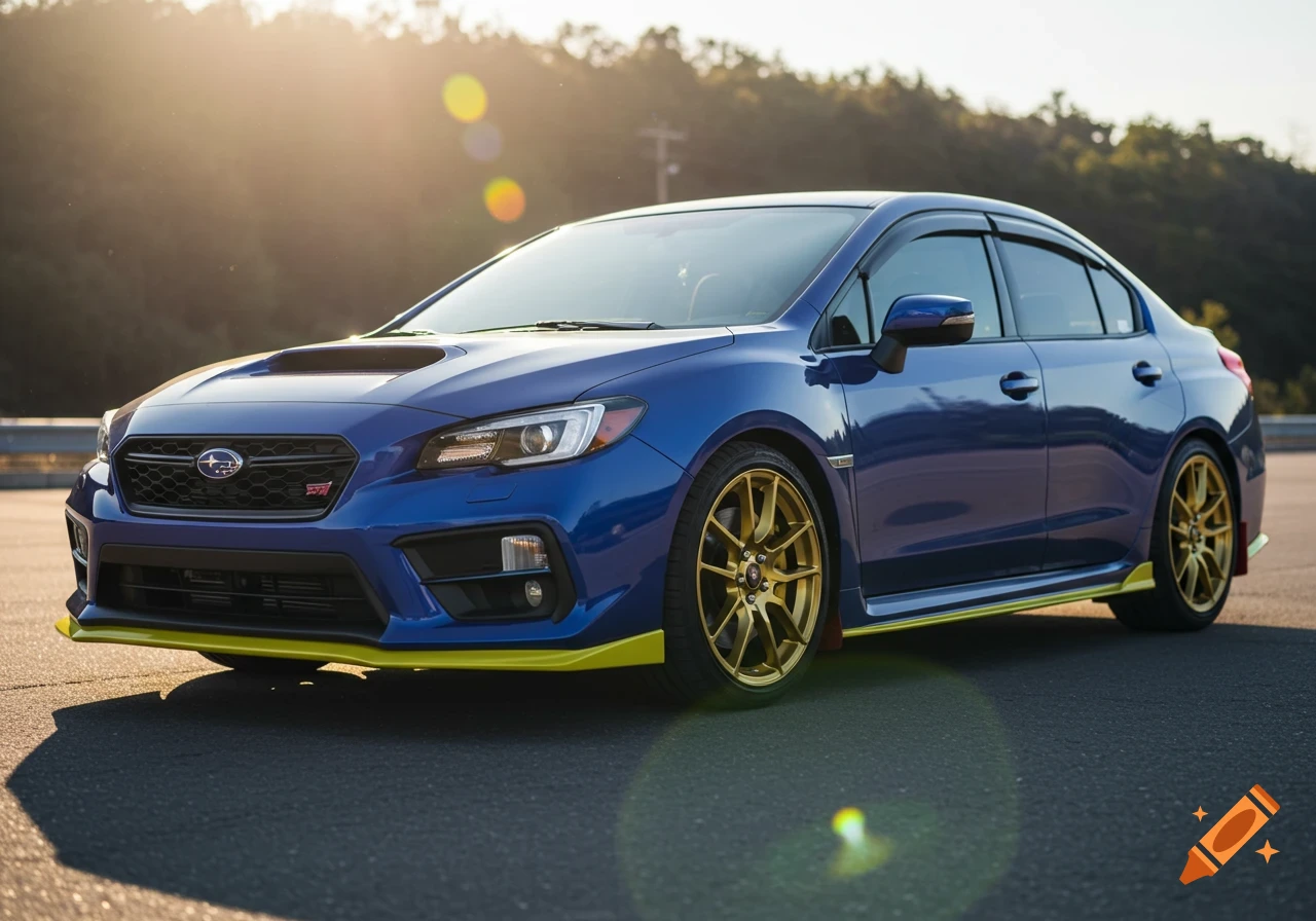 A blue Subaru WRX with yellow trim and gold wheels is parked in the sun ...