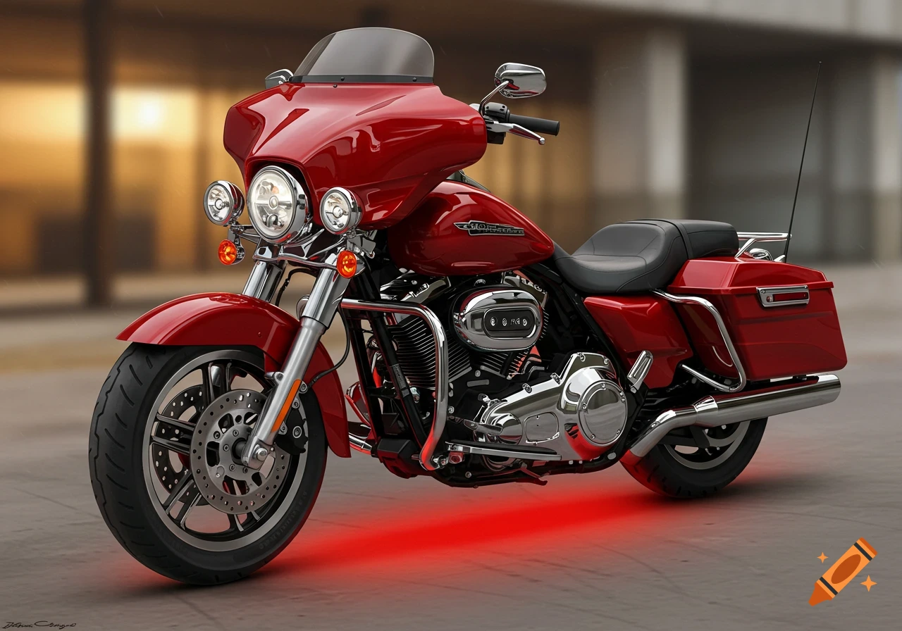 A red Harley Davidson motorcycle with red underglow lights parked ...