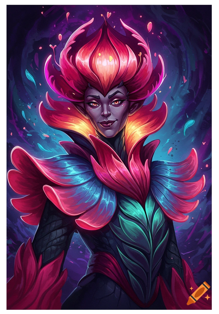 A stylized illustration of a dark fantasy character with red eyes and ...
