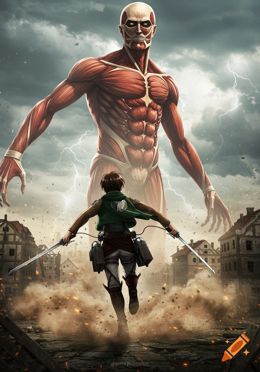 A small figure with swords faces a skinless giant in a ruined city ...