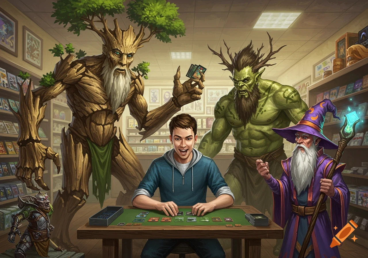 Man playing card game with tree creature, green creature, and wizard in ...