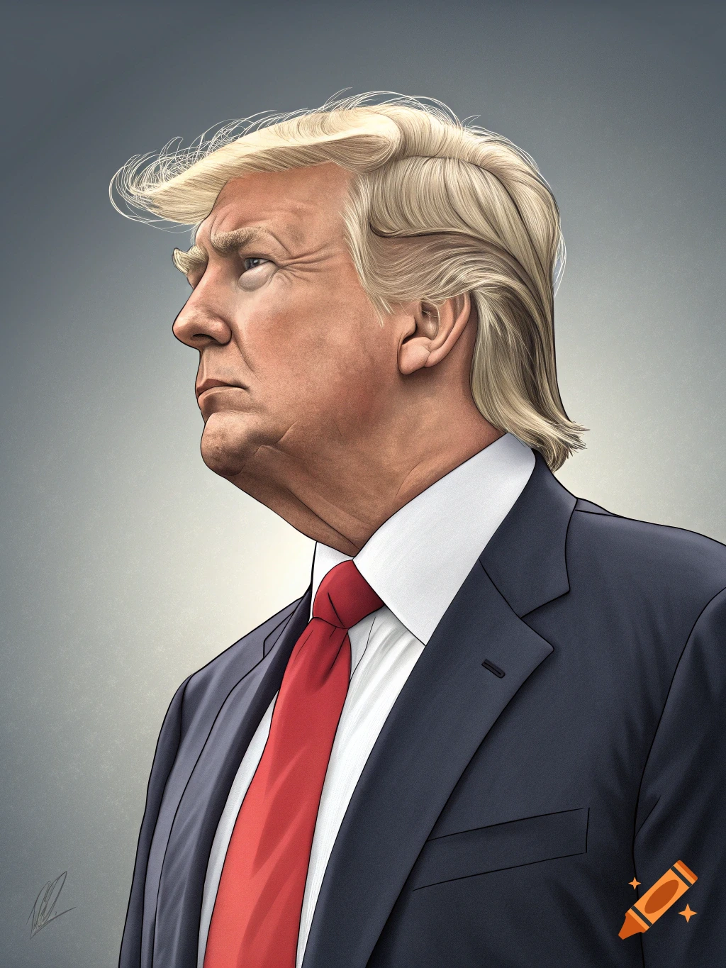 A cartoon illustration of Donald Trump in profile wearing a suit and ...