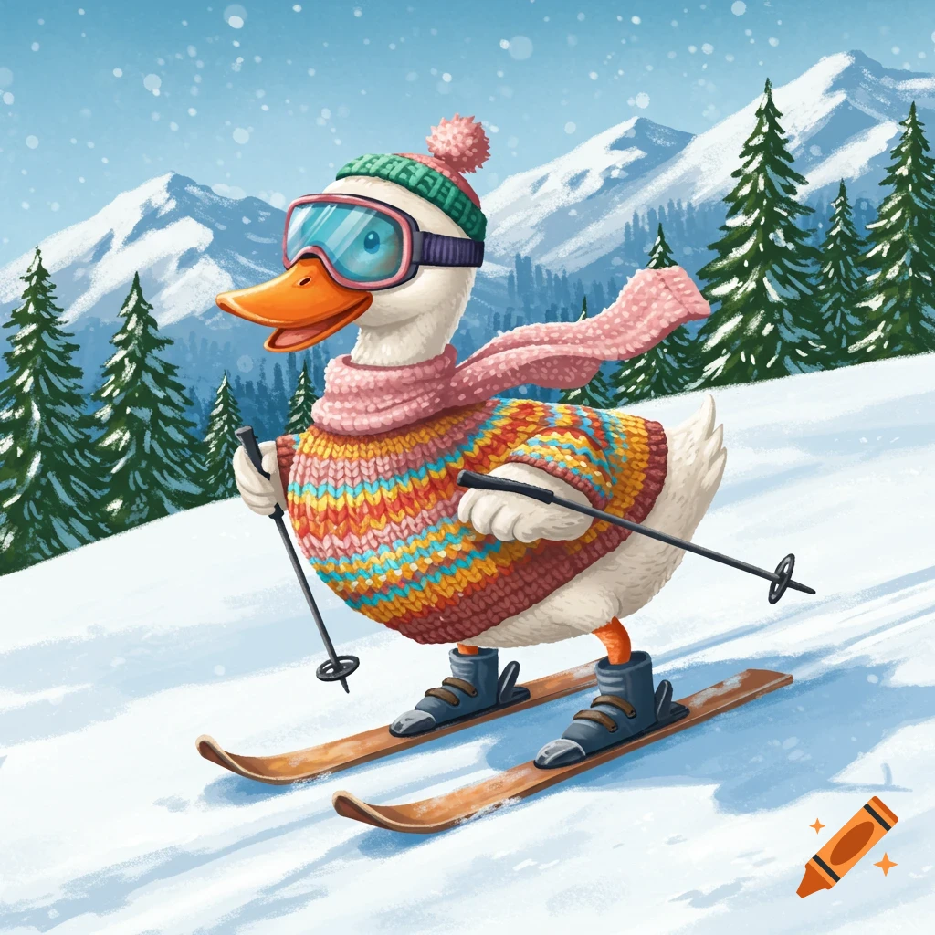 A cartoon duck skis down a snowy mountain slope wearing a hat, goggles ...