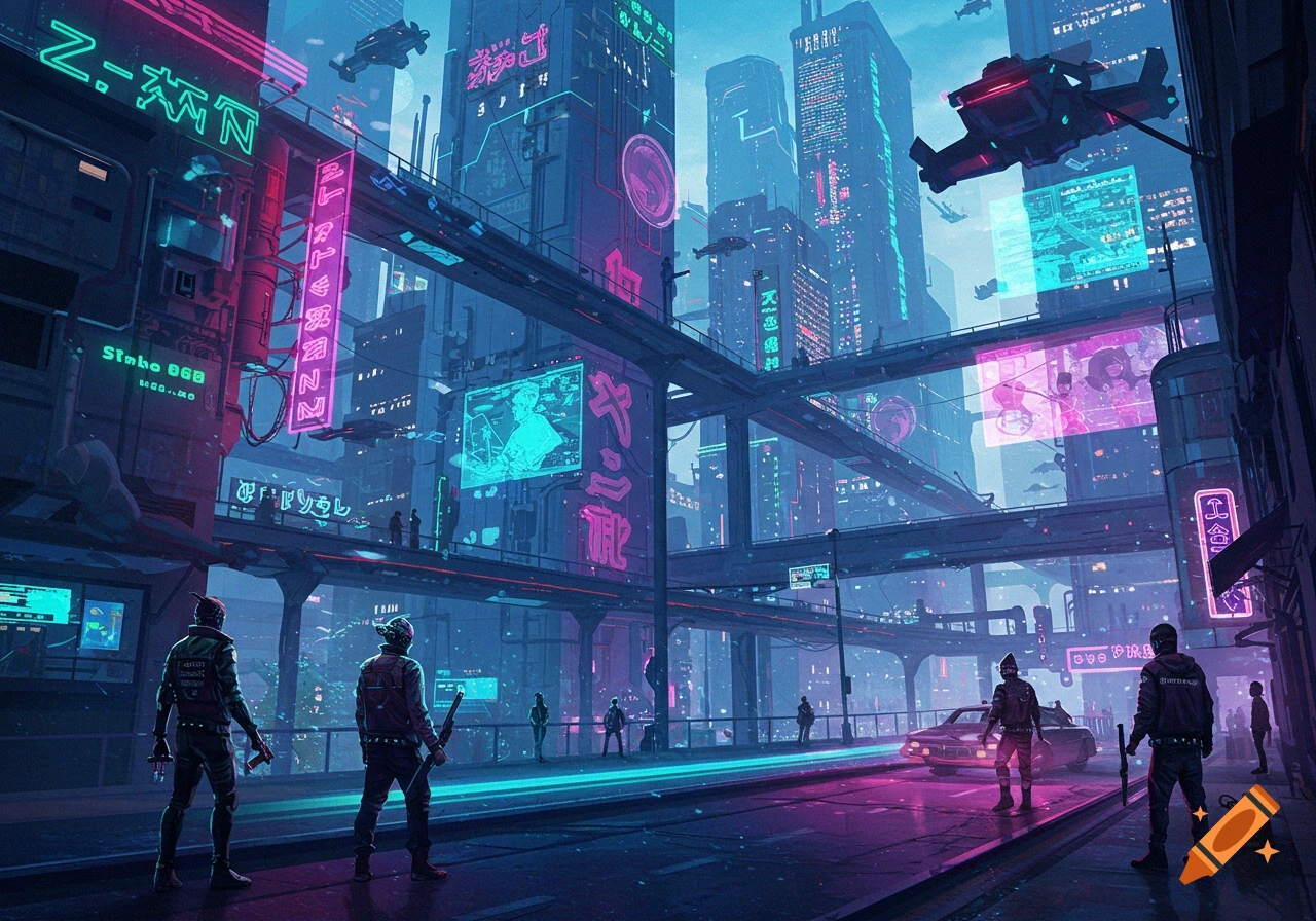 Cyberpunk city street at night with towering buildings, neon signs ...