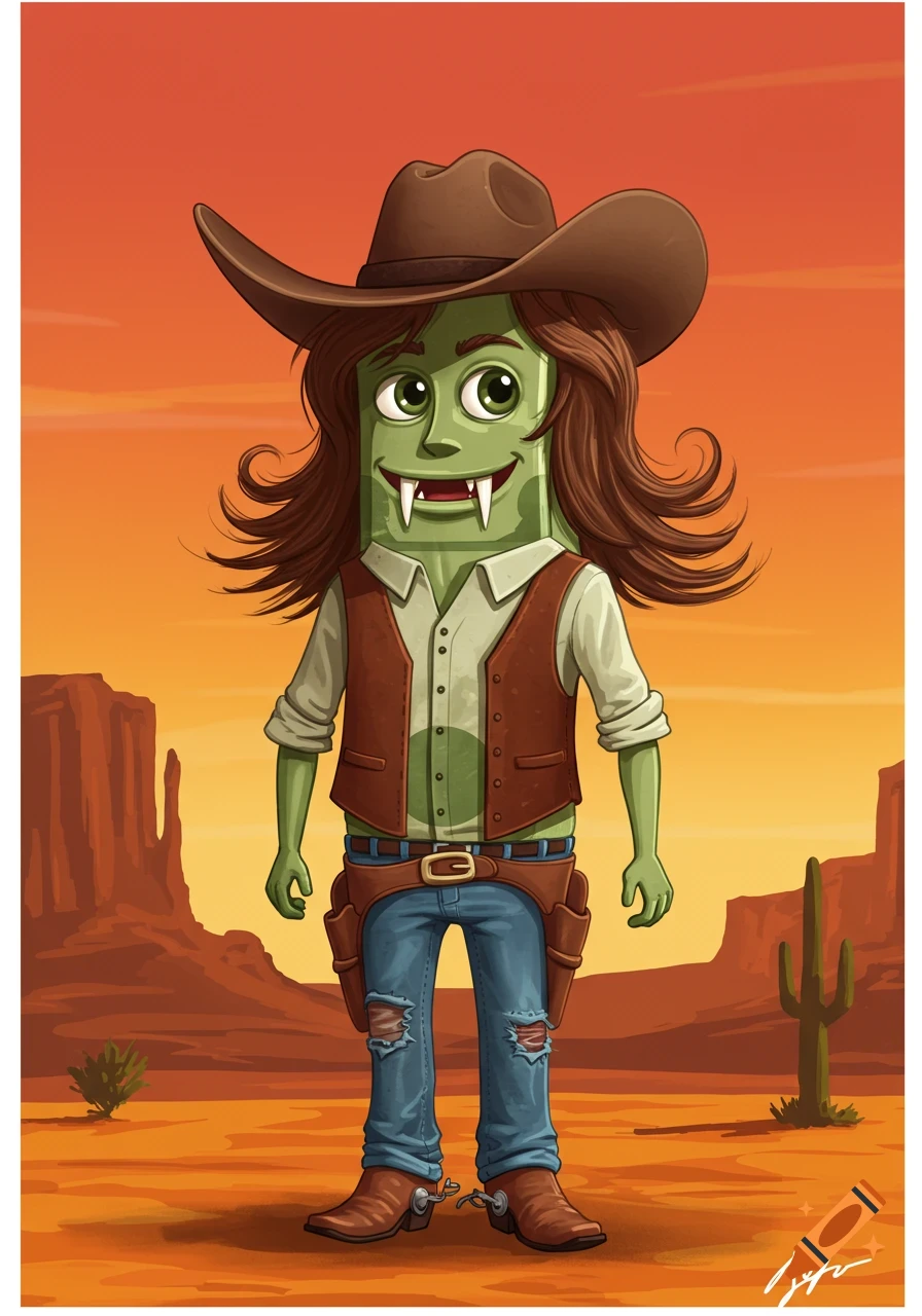 Cartoon green creature with fangs and long hair dressed as a cowboy in ...