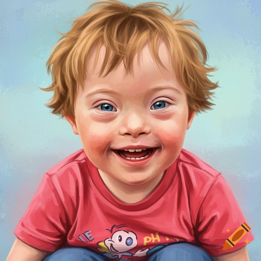 Close-up digital painting of a smiling child with Down syndrome on Craiyon