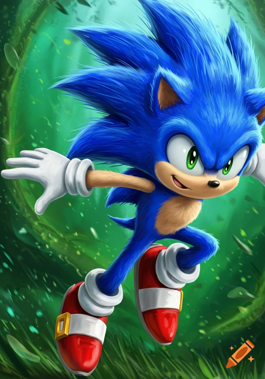 Detailed illustration of Sonic the Hedgehog running through a green ...