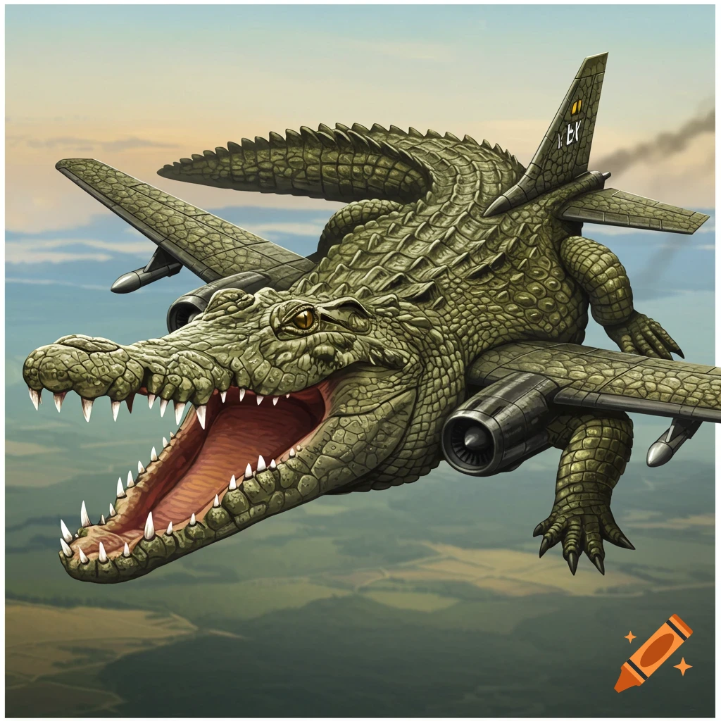 Crocodile bomber jet hybrid creature flying through the sky ...
