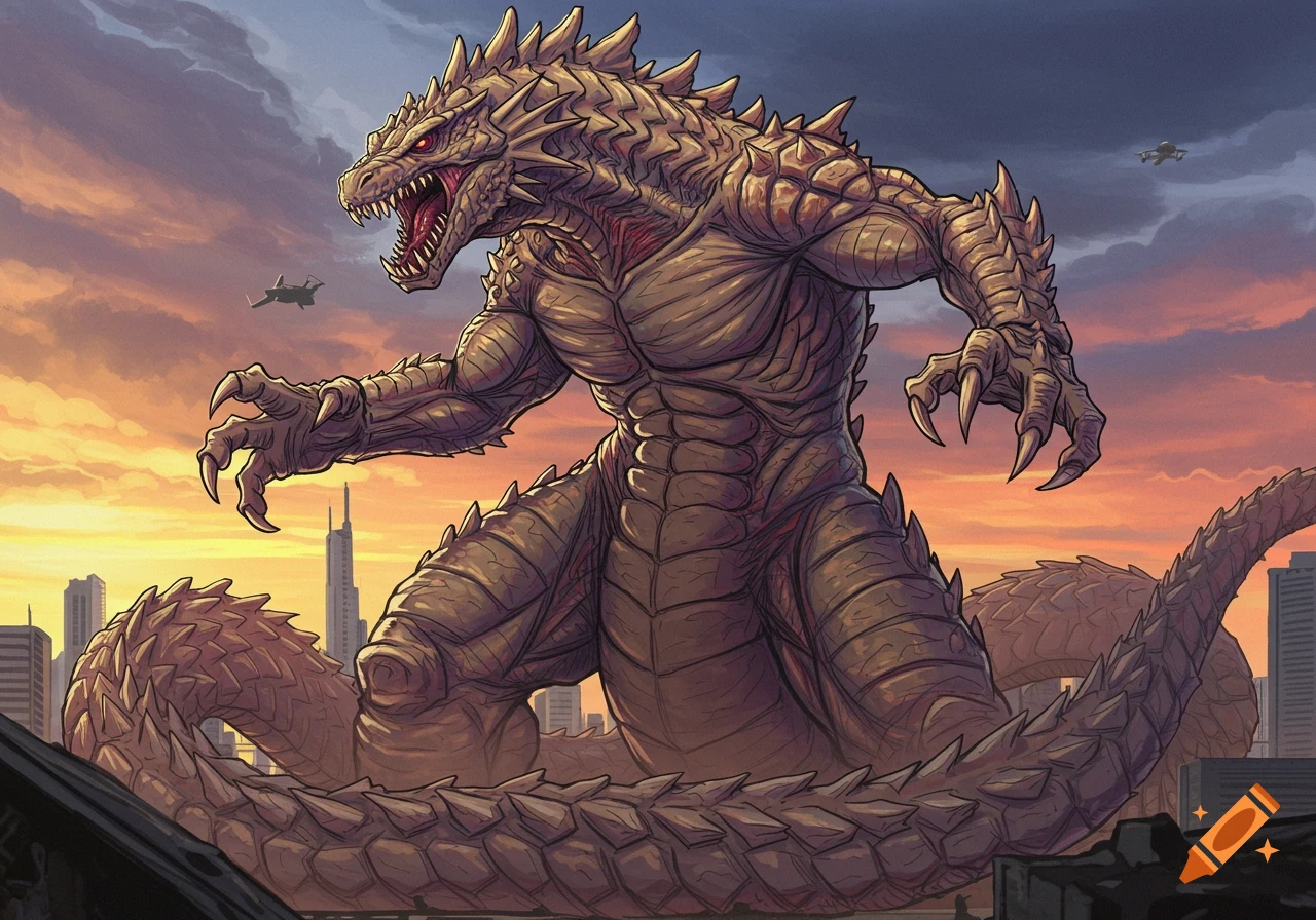 Giant spiky monster standing over a destroyed city skyline at sunset ...