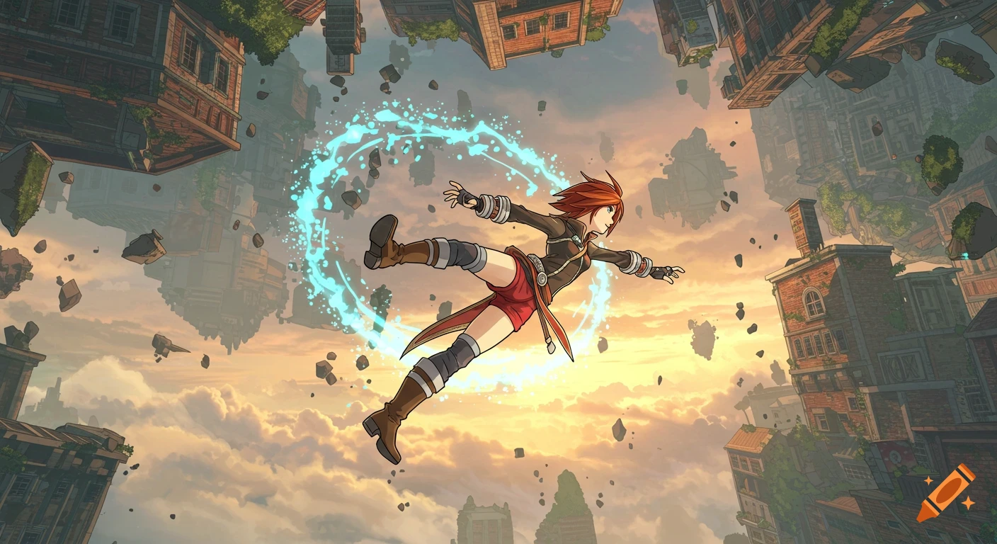 Cel-shaded anime character floats dynamically in an inverted city with ...