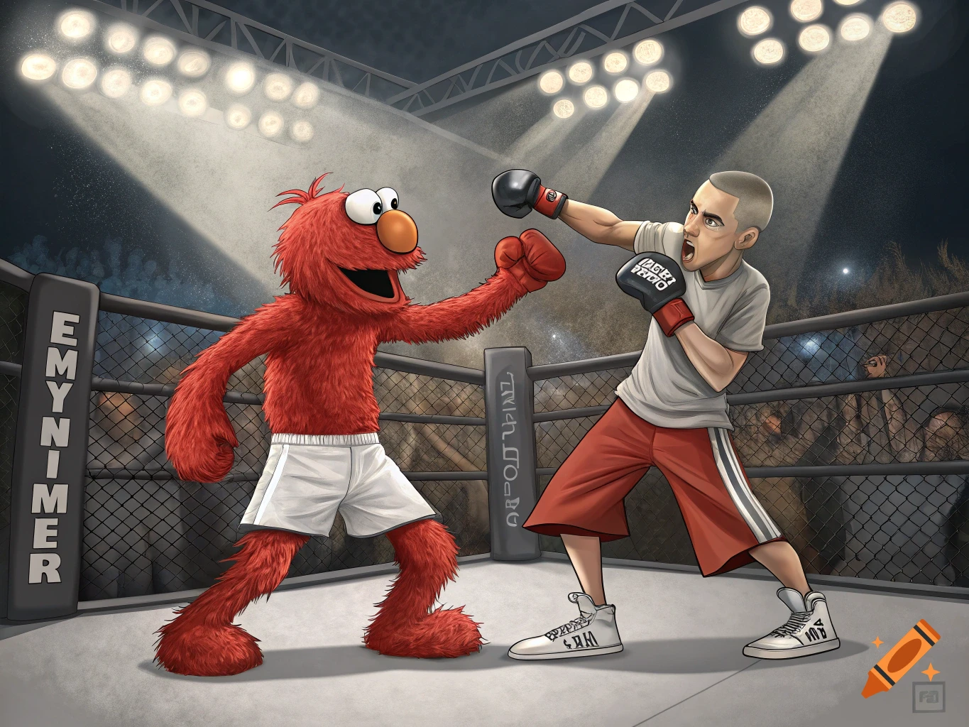 Cartoon illustration of Elmo and Eminem boxing in a fighting ring. on ...