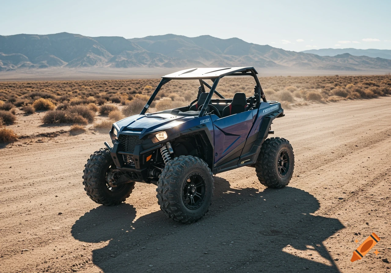 A blue side-by-side off-road vehicle on a dirt trail in a desert ...