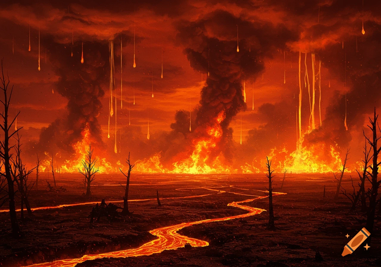 A dark, fiery landscape with lava rivers, burning trees, thick smoke ...