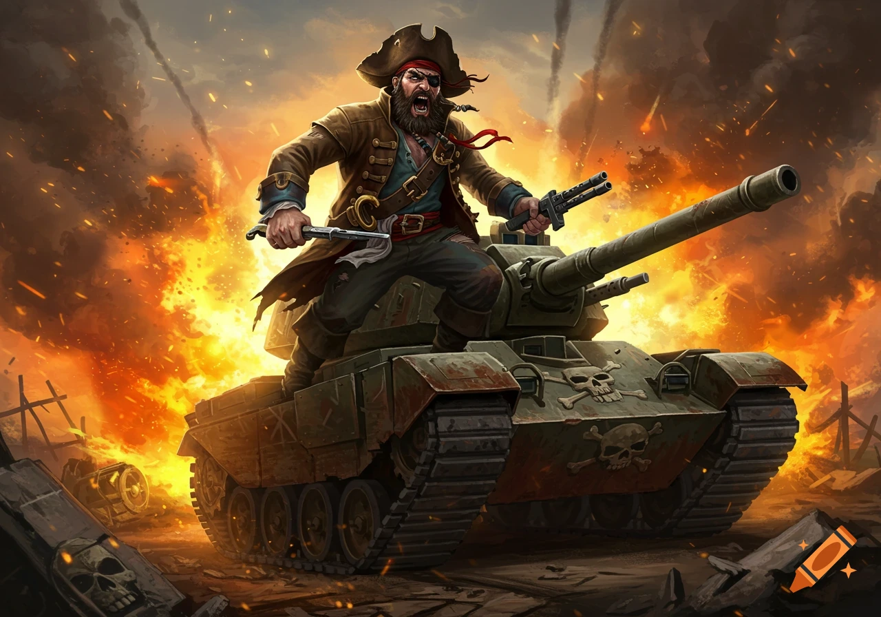 An angry pirate with an eye patch rides atop a tank in a fiery ...
