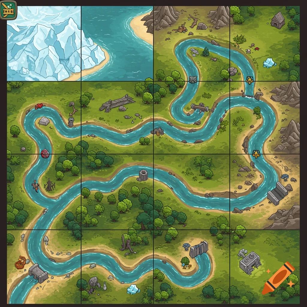 Top-down cartoony map of a river board game with glacier, forests ...
