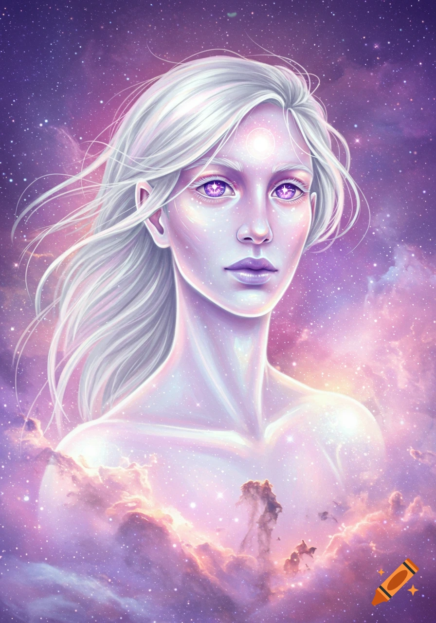Portrait of a cosmic being with white hair and purple eyes surrounded ...