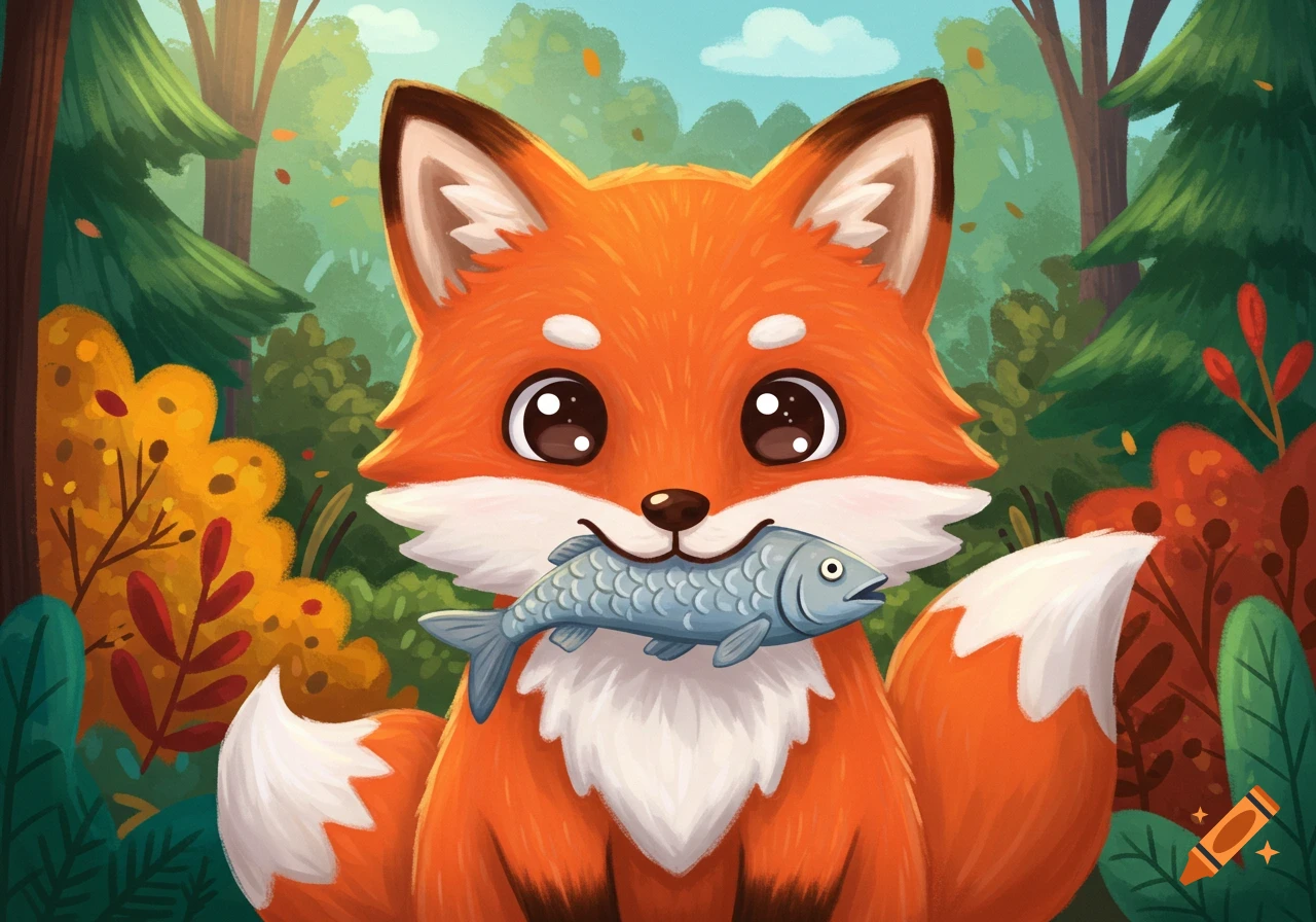 Cute cartoon fox holds a fish in its mouth in a forest on Craiyon