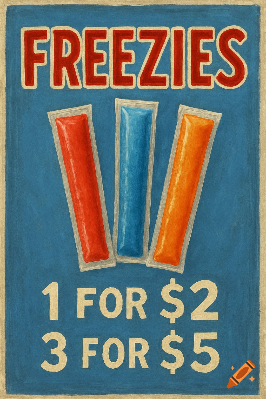 Retro poster advertising red, blue, and orange freezies with pricing ...