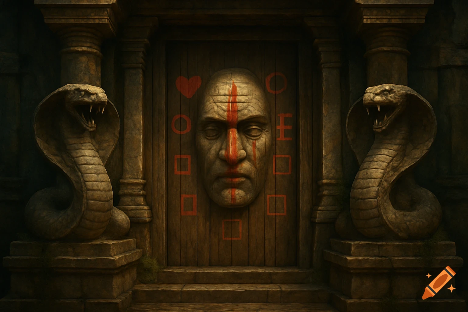 A stone face is carved on a wooden temple door, flanked by two stone ...