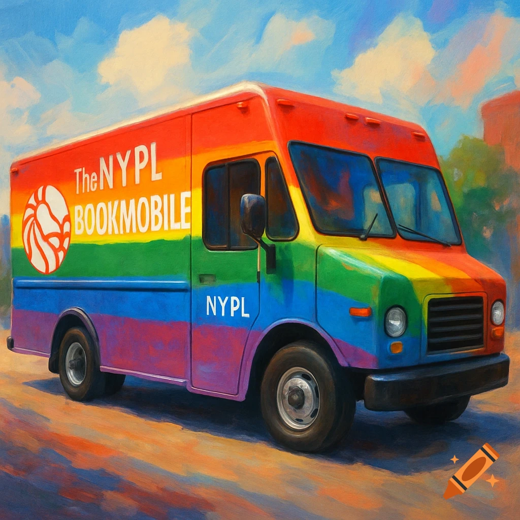 A painterly image of a rainbow-colored NYPL Bookmobile truck on a ...